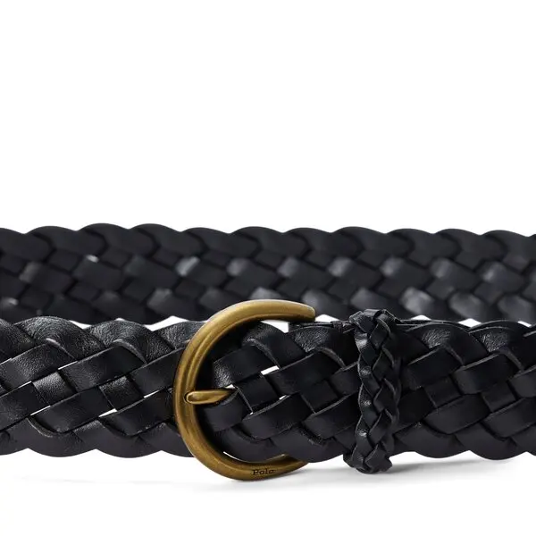 Ralph Lauren Braided Calfskin Leather Belt With Engraved Buckle - Black