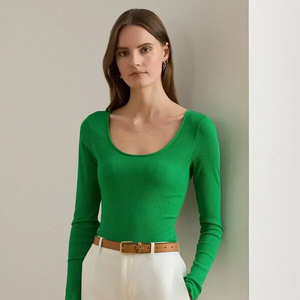 Ralph Lauren Rib-knit Long-sleeve Scoopneck Tee - Stem
