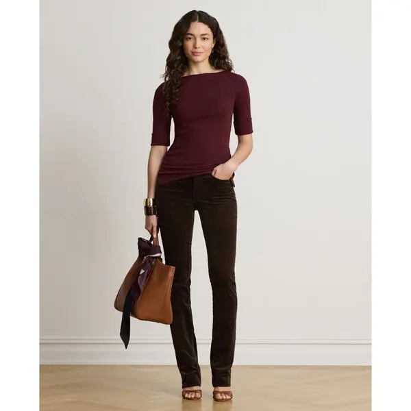 Ralph Lauren Stretch Cotton Boatneck Tee With "lrl" Monogram - Dark Garnet