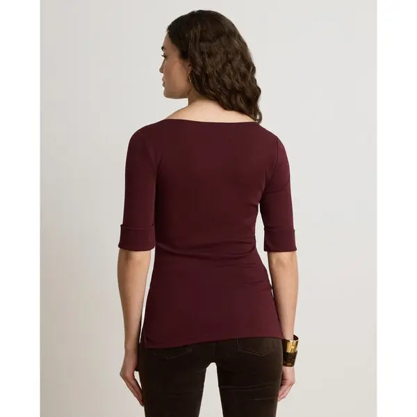 Ralph Lauren Stretch Cotton Boatneck Tee With "lrl" Monogram - Dark Garnet