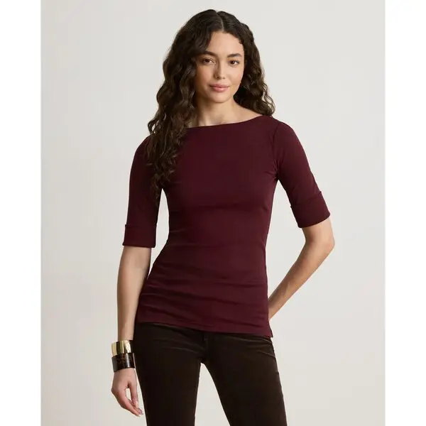 Ralph Lauren Stretch Cotton Boatneck Tee With "lrl" Monogram - Dark Garnet