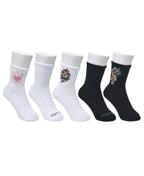 Ed Hardy Flowery Cross Print Half Cushion Mid Crew Socks 5 Pack - White Multi