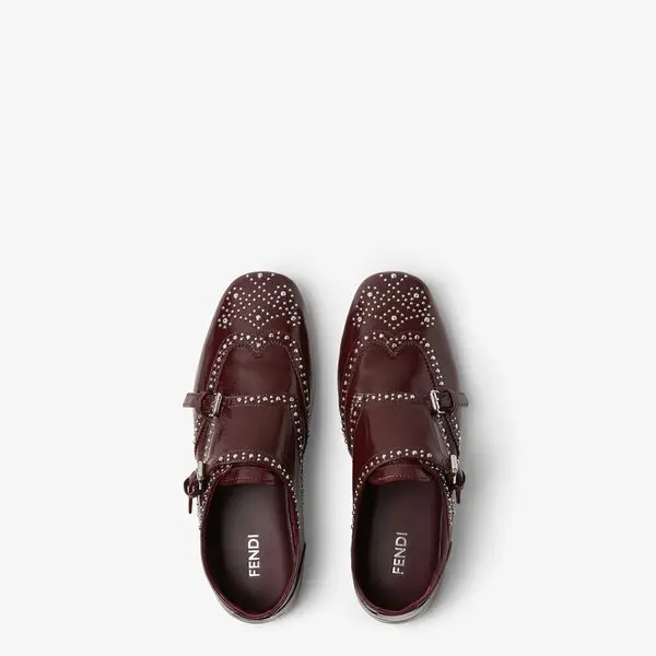 Fendi Stud Double Monk Strap Loafers In Burgundy Calfskin - Red