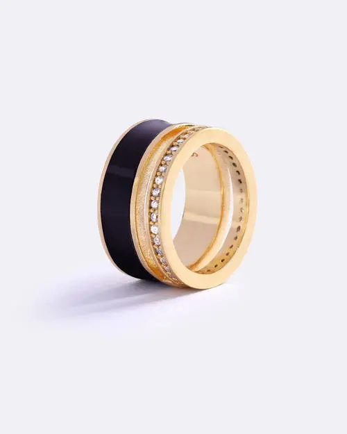 EMMA PILLS Afterglow Ring With Enamel And Crystals - Black Glow
