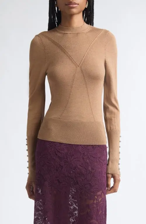 Rabanne Wool & Silk Crewneck Sweater With Button Detail - Camel