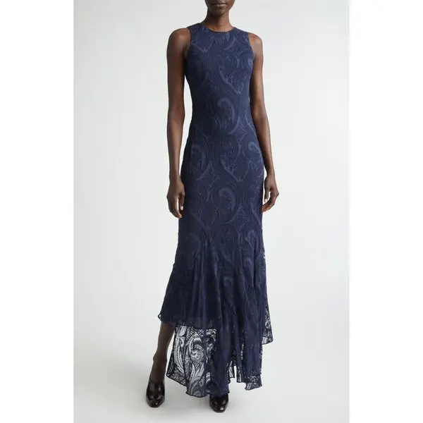 Etro Tonal Paisley Burnout Jersey Maxi Dress - Blue