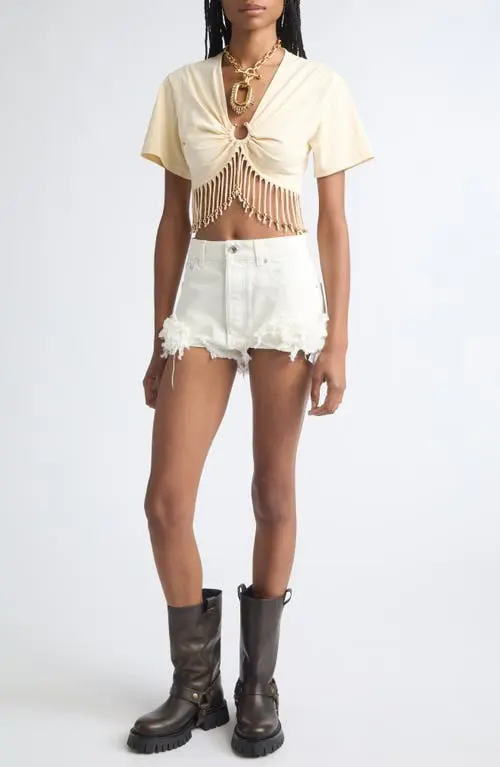 Rabanne White Cotton Fringe Denim Shorts