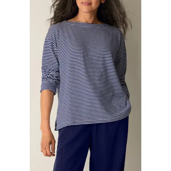 Eileen Fisher Striped Organic Cotton Bateau Neck Boxy Top - Infinity