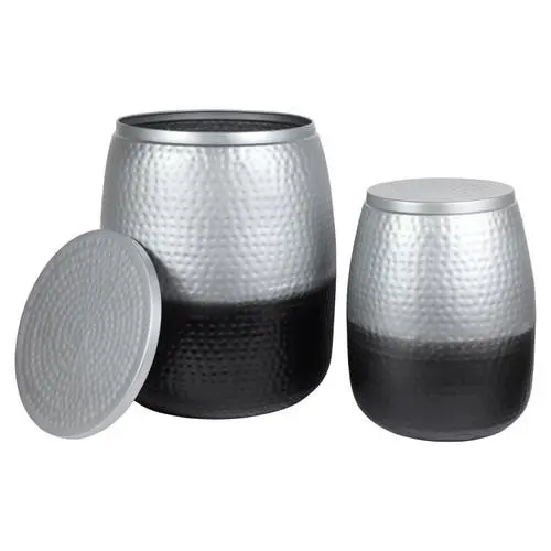 HAPPIMESS Merida Modern Rustic 2-piece Hammered Metal Drum Storage Side Tables With Lids - Silver/black