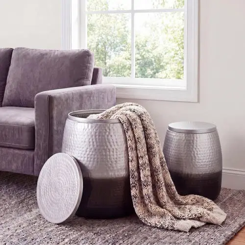 HAPPIMESS Merida Modern Rustic 2-piece Hammered Metal Drum Storage Side Tables With Lids
