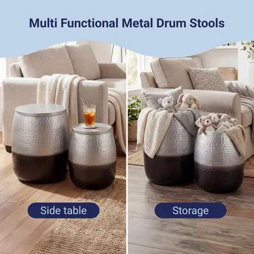HAPPIMESS Merida Modern Rustic 2-piece Hammered Metal Drum Storage Side Tables With Lids