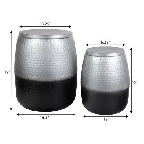 HAPPIMESS Merida Modern Rustic 2-piece Hammered Metal Drum Storage Side Tables With Lids