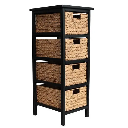 HAPPIMESS Cohen Coastal Bohemian Handcrafted Acacia Wood 4-tier Storage Cabinet With 4 Water Hyacinth Woven Baskets - Black