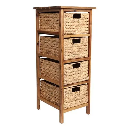 HAPPIMESS Cohen Coastal Bohemian Handcrafted Acacia Wood 4-tier Storage Cabinet With 4 Water Hyacinth Woven Baskets - Natural