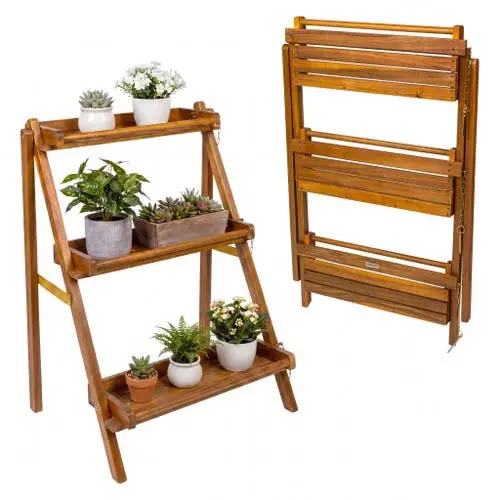 JONATHAN Y Hollis 3-tier Acacia Wood Indoor/outdoor Foldable Compact Freestanding Ladder Plant Stand Display Rack Shelf - Natural