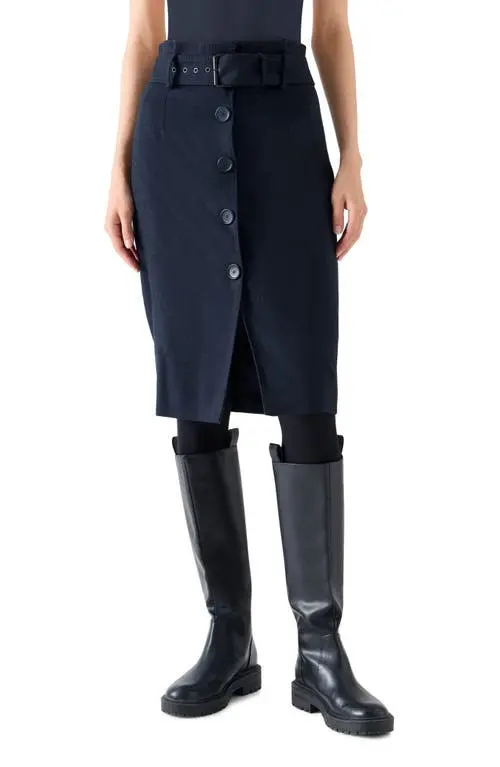 Akris Belted High Waist Virgin Wool Blend Flannel Pencil Skirt - Navy