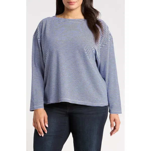 Eileen Fisher Striped Bateau Neck Boxy Organic Cotton Top - Infinity