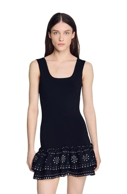 Sandro Short Knit Dress With Studs - Black