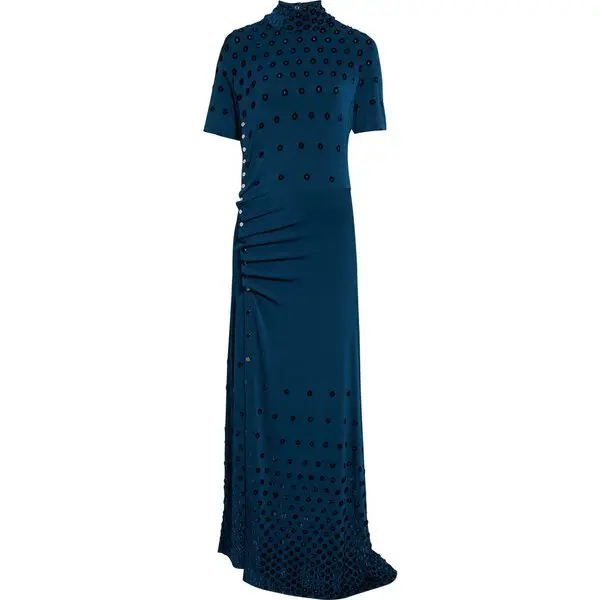 Rabanne Flocked Dot Cutout Jersey Gown - Deep Lake