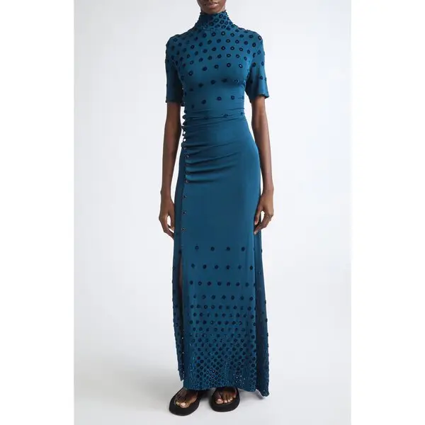 Rabanne Flocked Dot Cutout Jersey Gown - Deep Lake