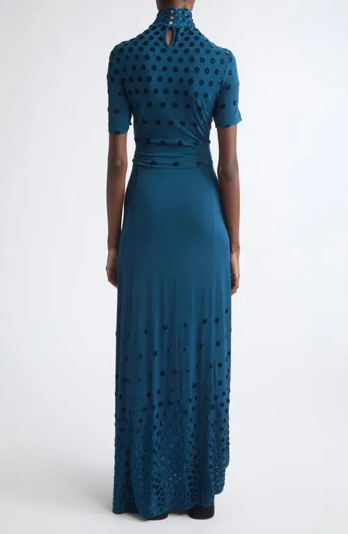 Rabanne Flocked Dot Cutout Jersey Gown