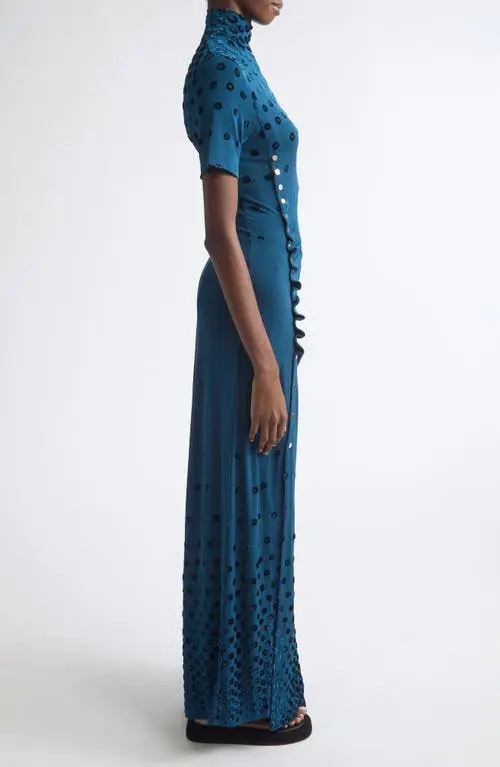 Rabanne Flocked Dot Cutout Jersey Gown