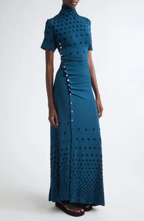 Rabanne Flocked Dot Cutout Jersey Gown