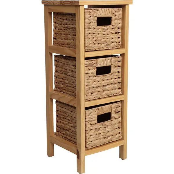 HAPPIMESS Cohen Coastal Handcrafted Pine Wood 3-tier Storage Cabinet With 3 Water Hyacinth Woven Baskets - Natural