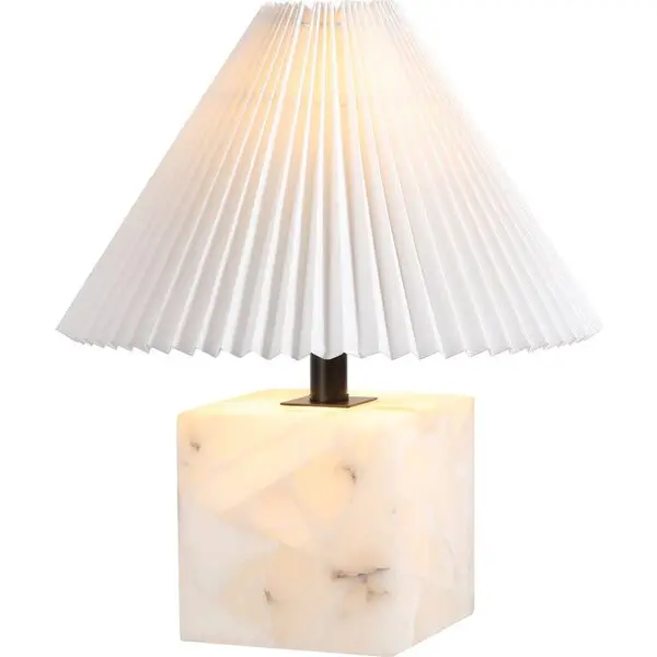 JONATHAN Y Hermin Contemporary Minimalist Geometric Sculptural Alabaster Cube Metal Led Table Lamp With Nightlight Base And Pleated Shade - White