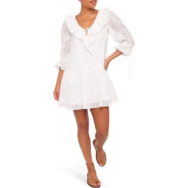 PETAL & PUP Embroidered Floral V-neck Mini Dress - White
