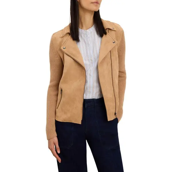 NIC+ZOE Mixed Media Moto Jacket With Faux Suede And Rib-knit Sleeves - Caramel