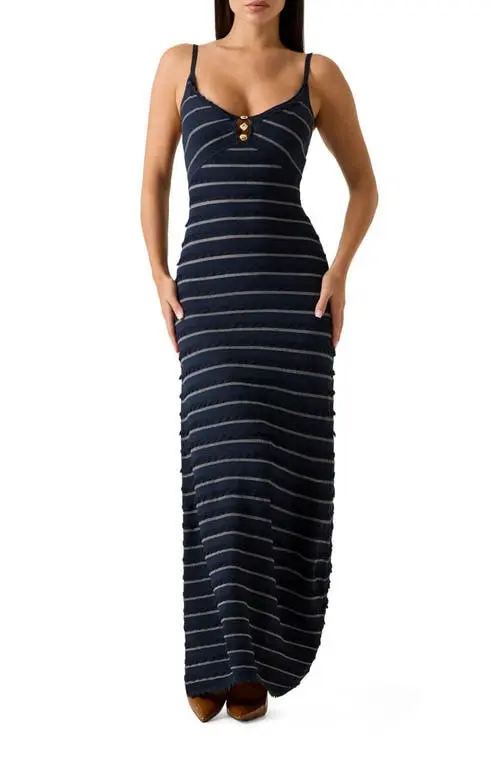 Guess Emeri Scallop Striped Maxi Dress - Blackened Blue Multi