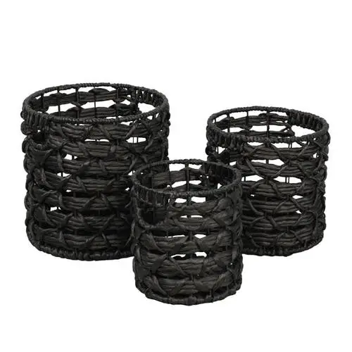 HAPPIMESS Lattice Bohemian Coastal Handwoven Water Hyacinth Rope Nesting Baskets With Handles - Black