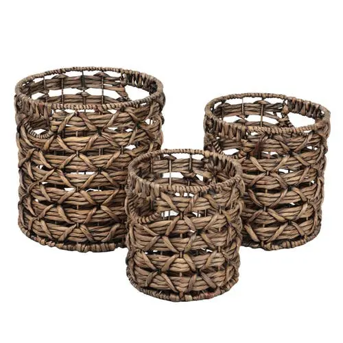 HAPPIMESS Lattice Bohemian Coastal Handwoven Water Hyacinth Rope Nesting Baskets With Handles - Brown