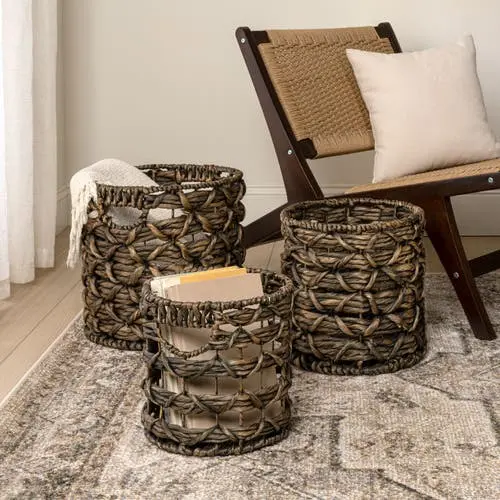 HAPPIMESS Lattice Bohemian Coastal Handwoven Water Hyacinth Rope Nesting Baskets With Handles - Brown