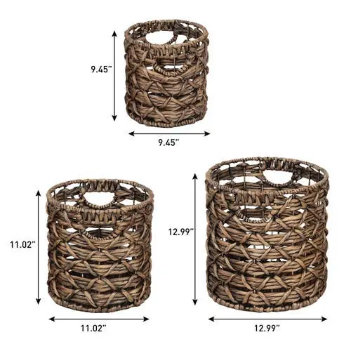 HAPPIMESS Lattice Bohemian Coastal Handwoven Water Hyacinth Rope Nesting Baskets With Handles - Brown