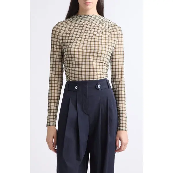 Veronica Beard Nuwina Check Ruched Top - Loden Multi