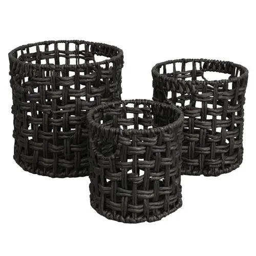 HAPPIMESS Lasuna Coastal Bohemian Water Hyacinth Handwoven Checker Weave Nesting Baskets With Handles - Black