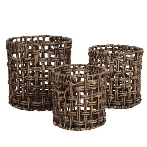 HAPPIMESS Lasuna Coastal Bohemian Water Hyacinth Handwoven Checker Weave Nesting Baskets With Handles - Brown