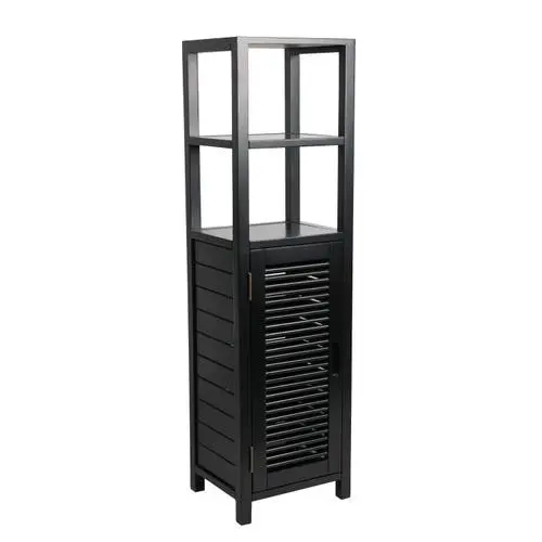 HAPPIMESS Solstice Handcrafted Pine Wood Bathroom Freestanding Floor Storage Cabinet With Louvered Door And 3-tier Open Shelves - Black