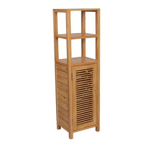 HAPPIMESS Solstice Handcrafted Pine Wood Bathroom Freestanding Floor Storage Cabinet With Louvered Door And 3-tier Open Shelves - Natural