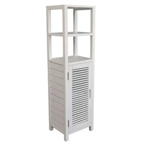 HAPPIMESS Solstice Handcrafted Pine Wood Bathroom Freestanding Floor Storage Cabinet With Louvered Door And 3-tier Open Shelves - White