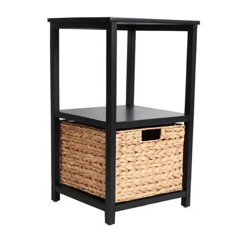 HAPPIMESS Cohen Coastal Bohemian Handcrafted Acacia Wood 2-tier Storage Cabinet With 1 Water Hyacinth Woven Basket - Black