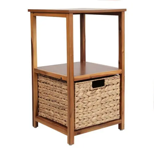 HAPPIMESS Cohen Coastal Bohemian Handcrafted Acacia Wood 2-tier Storage Cabinet With 1 Water Hyacinth Woven Basket - Natural