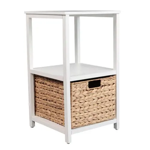 HAPPIMESS Cohen Coastal Bohemian Handcrafted Acacia Wood 2-tier Storage Cabinet With 1 Water Hyacinth Woven Basket - White