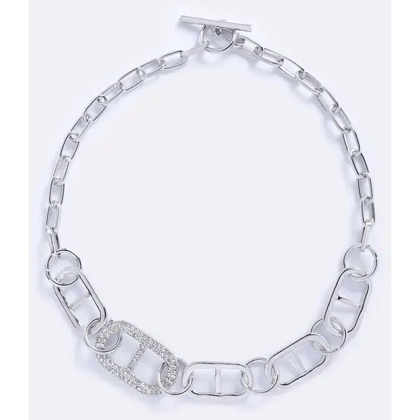 EMMA PILLS Plated Chain Link Necklace With Crystal Embellished Charm - Silver