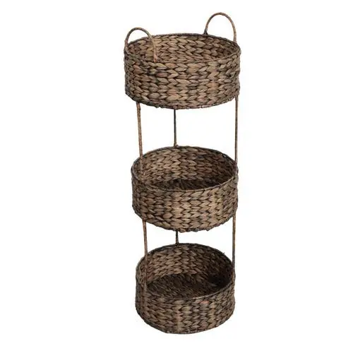 HAPPIMESS Levity Coastal Handwoven Water Hyacinth 3-tier Round Freestanding Storage Rack With Metal Frame And Handles - Brown