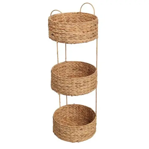 HAPPIMESS Levity Coastal Handwoven Water Hyacinth 3-tier Round Freestanding Storage Rack With Metal Frame And Handles - Natural