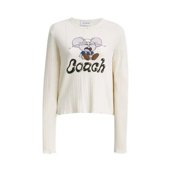 BRAIN DEAD X Coach Long Sleeve Graphic Pointelle Top - Cream