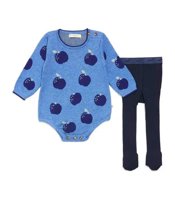 THE BONNIE MOB X Collégien Organic Cotton Jacquard Knit Bodysuit And Ribbed Tights Set - Blue